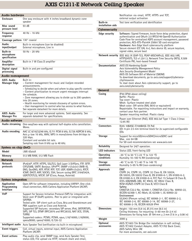 AXIS C1211-E Network Ceiling Speaker – CamCentral Systems Inc.