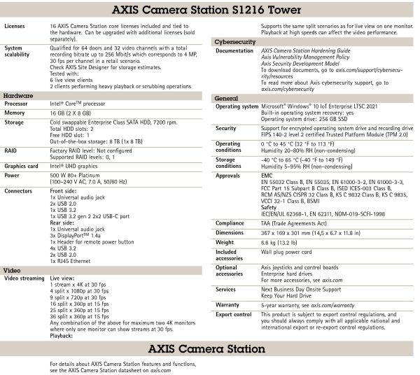 AXIS Camera Station S1216 Tower Recording Server 8 TB – CamCentral ...